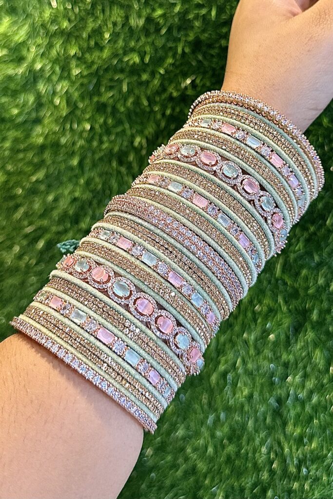 Pastel Rose Mint AD Bangle Set for 2 Hands - Nikhar Jewellery