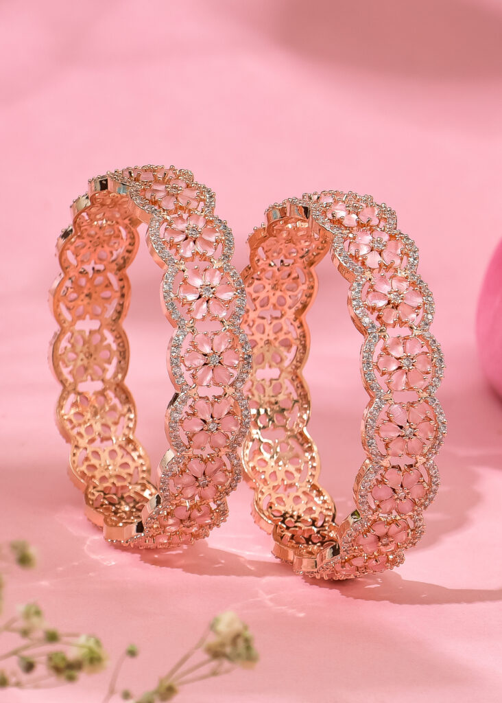 Rose Gold Pink Stone Petal AD Bangles Set of 2 - Nikhar Jewellery