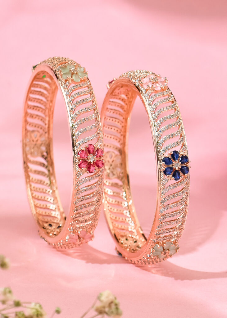 LuxLink Multi Stone Rose Gold AD Bangles Set of 2 - Nikhar Jewellery