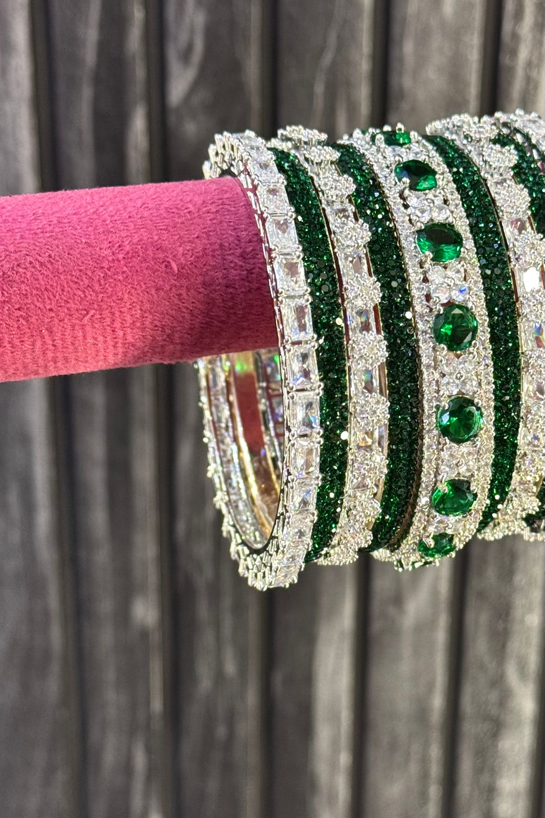 Emerald Shimmer Glance American Diamond Bangle Set for 2 Hands - Nikhar Jewellery