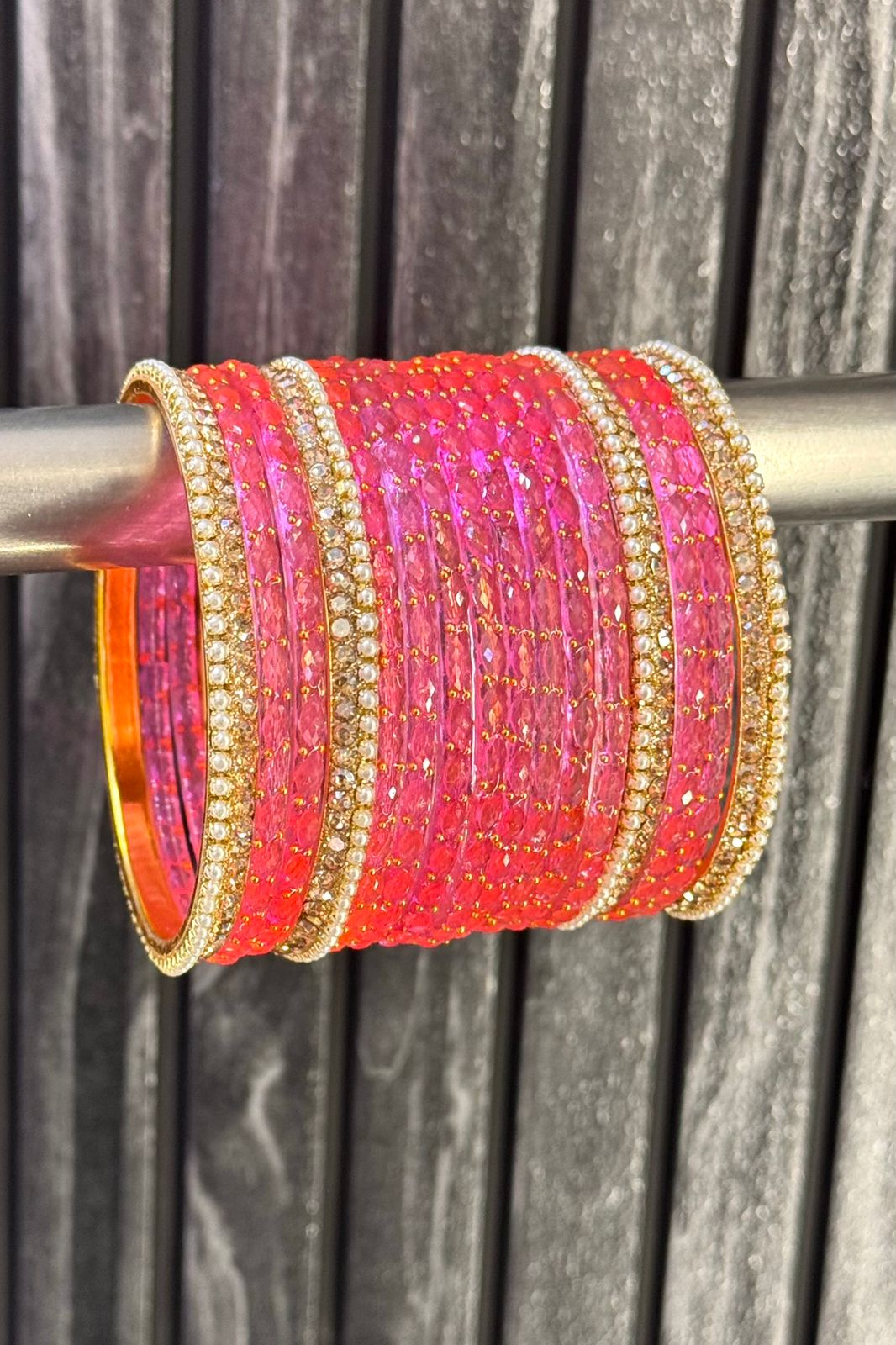 Cute Pink Raindrop Glass Bangle Set for 2 Hands - Nikhar Jewellery