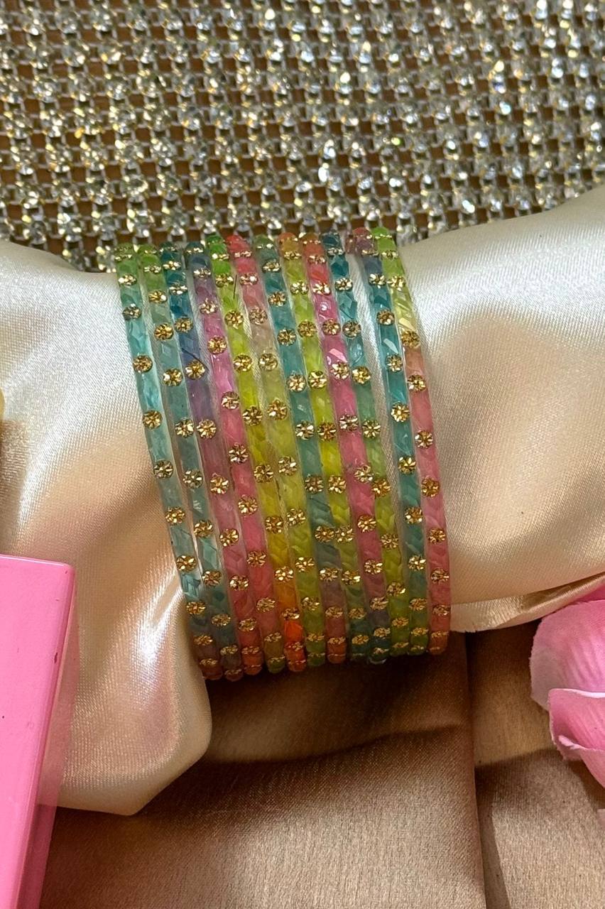 MultiColor Mint Pink Gold Dots Pure Glass Bangles Set of 12 - Nikhar ...